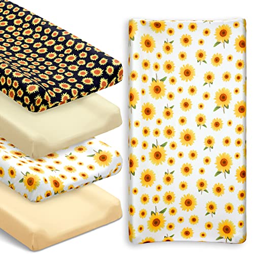 4 Pieces Muslin Sunflower Changing Pad Cover Diaper Floral Change Table Sheets Nursery Changing Pad Sheets Diaper Pad Cover for Baby Boys Girls, 31.5 x 15.75 Inches