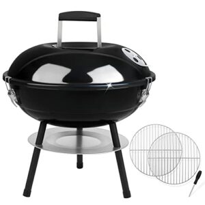 joyfair charcoal grill with 2 grilling racks, 14in small portable bbq grill with lid for outdoor camping/patio/backyard barbecue/tabletop cooking, enamel coated & dual vent system, black