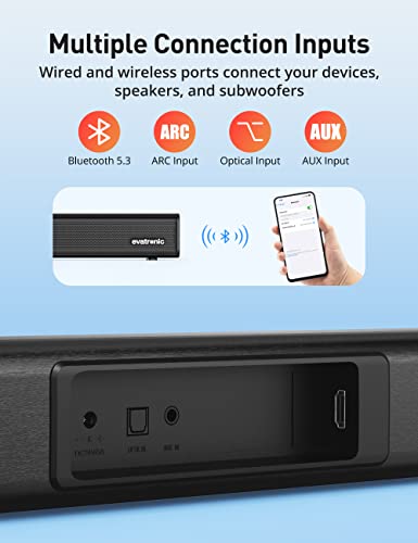 Sound Bars for TV, Wireless Bluetooth 5.3 Sound Bar TV Speaker, TV Audio 3 Equalizer Modes, Opt/AUX/ARC Connection, DSP Bass Stereo Audio with Remote Control, Wall Mountable for Home, TV, PC