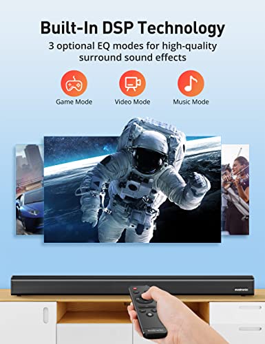 Sound Bars for TV, Wireless Bluetooth 5.3 Sound Bar TV Speaker, TV Audio 3 Equalizer Modes, Opt/AUX/ARC Connection, DSP Bass Stereo Audio with Remote Control, Wall Mountable for Home, TV, PC