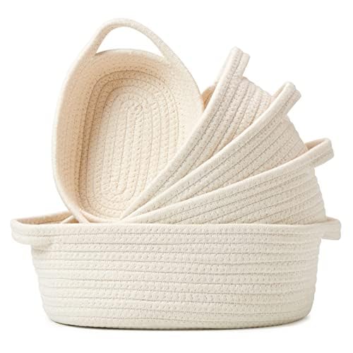 EZOWare Set of 5 Small Cotton Rope Storage Basket, Decorative Nesting Woven Round Organizer Bin with Handle for Kids Baby Closets, Room Decor, Dog Cat Toys, Towels, Gift Baskets Empty - Natural White