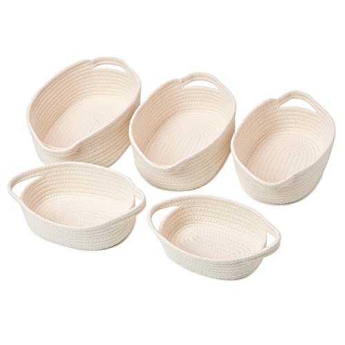 EZOWare Set of 5 Small Cotton Rope Storage Basket, Decorative Nesting Woven Round Organizer Bin with Handle for Kids Baby Closets, Room Decor, Dog Cat Toys, Towels, Gift Baskets Empty - Natural White