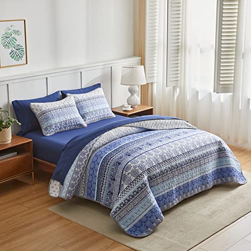 FlySheep Blue Boho Quilt Set 5 Pcs Bed in a Bag, Colorful Bohemian Striped Twin Size Coverlet Bedspread (1 Reversible Quilt 68x86, 1 Pillow Sham, 1 Flat Sheet, 1 Fitted Sheet, 1 Pillowcase)