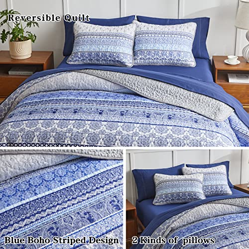 FlySheep Blue Boho Quilt Set 5 Pcs Bed in a Bag, Colorful Bohemian Striped Twin Size Coverlet Bedspread (1 Reversible Quilt 68x86, 1 Pillow Sham, 1 Flat Sheet, 1 Fitted Sheet, 1 Pillowcase)