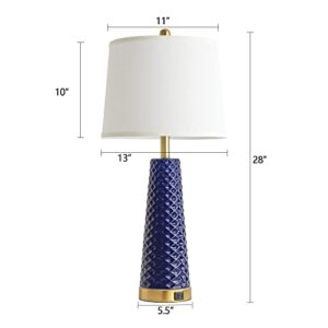 Modern Table Lamps for Living Room Set of 2, 28" Blue Ceramic Bedside Lamp with Triangle Textured Pattern, 3 Way Dimmable Touch Control Nightstand Bedroom Lamp with Linen Drum Shade (Bulbs Included)