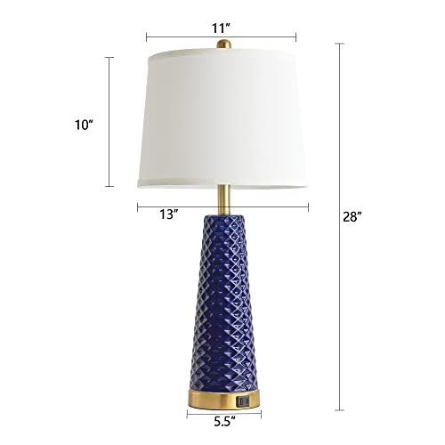 Modern Table Lamps for Living Room Set of 2, 28" Blue Ceramic Bedside Lamp with Triangle Textured Pattern, 3 Way Dimmable Touch Control Nightstand Bedroom Lamp with Linen Drum Shade (Bulbs Included)