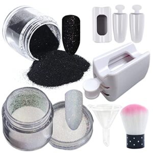 2 boxes holographic nail glitter powder white black shining sugar,1 pieces dip powder recycling tray system dip case,1pcs soft nail art powder brush funnel,nails art decoration diy crafts