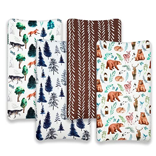 4 Pack Changing Pad Covers Woodland Forest Animals Wood Neutral Unisex Fitted Baby Changing Pad Cover Set for Baby Boys or Girls