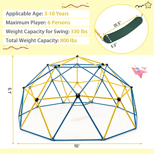 HONEY JOY 10FT Climbing Dome with Swing, Upgrade Jungle Gym Monkey Bar for Backyard, Outdoor Climbing Toys for Toddlers Playground Equipment, Supports 800 LBS, Geometric Dome Climber for Kids Age 3-10