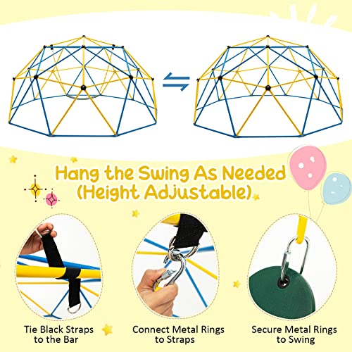 HONEY JOY 10FT Climbing Dome with Swing, Upgrade Jungle Gym Monkey Bar for Backyard, Outdoor Climbing Toys for Toddlers Playground Equipment, Supports 800 LBS, Geometric Dome Climber for Kids Age 3-10