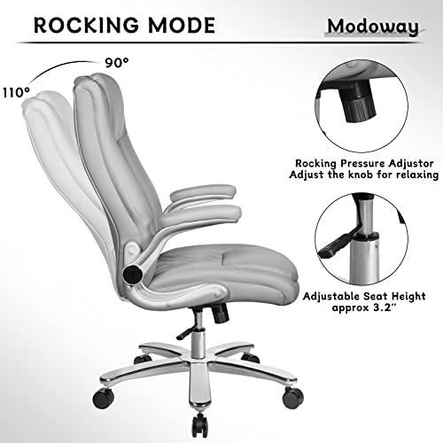 Modoway O205 Executive Office Chair Grey, Big and Tall Office Chair Heavy Duty 400lbs, High Back Leather Office Chairs with Flip-Up Arms and Lumbar Support, Living Room, Gaming