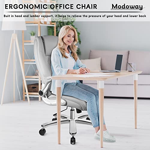 Modoway O205 Executive Office Chair Grey, Big and Tall Office Chair Heavy Duty 400lbs, High Back Leather Office Chairs with Flip-Up Arms and Lumbar Support, Living Room, Gaming