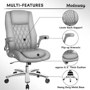 Modoway O205 Executive Office Chair Grey, Big and Tall Office Chair Heavy Duty 400lbs, High Back Leather Office Chairs with Flip-Up Arms and Lumbar Support, Living Room, Gaming