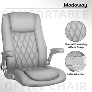 Modoway O205 Executive Office Chair Grey, Big and Tall Office Chair Heavy Duty 400lbs, High Back Leather Office Chairs with Flip-Up Arms and Lumbar Support, Living Room, Gaming