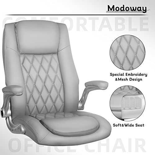 Modoway O205 Executive Office Chair Grey, Big and Tall Office Chair Heavy Duty 400lbs, High Back Leather Office Chairs with Flip-Up Arms and Lumbar Support, Living Room, Gaming