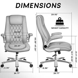 Modoway O205 Executive Office Chair Grey, Big and Tall Office Chair Heavy Duty 400lbs, High Back Leather Office Chairs with Flip-Up Arms and Lumbar Support, Living Room, Gaming