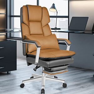 seekfancy reclining office chair with footrest o203, big and tall office chair 500lbs wide seat with 170° backrest, high back large executive office chair lumbar support，brown leather managerial chair