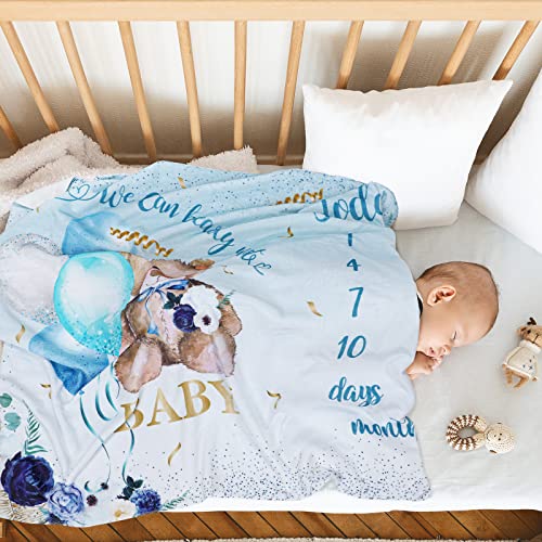 Xaatren Baby Monthly Milestone Blanket Bear with 2 Milestone Frame Soft Monthly Baby Growth Chart Blanket for Newborn Baby Boy Age Blanket for 1-12 Days Weeks Month Years Milestones, 40'' x 60''