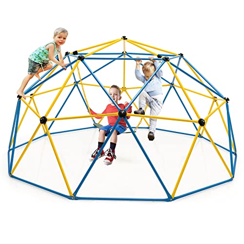 GLACER 10 FT Climbing Dome, Indoor & Outdoor Geometric Dome Climber with Swing, 800 lbs Weight Capacity, Easy Assembly Playground Jungle Gym for Kids Aged 3-10 Years Old, Blue + Yellow