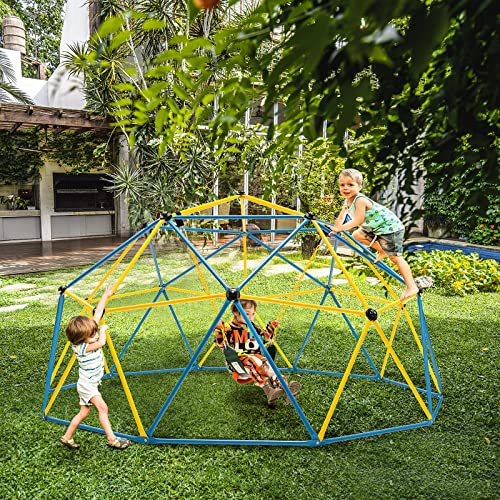 GLACER 10 FT Climbing Dome, Indoor & Outdoor Geometric Dome Climber with Swing, 800 lbs Weight Capacity, Easy Assembly Playground Jungle Gym for Kids Aged 3-10 Years Old, Blue + Yellow