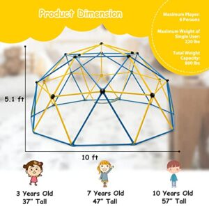 GLACER 10 FT Climbing Dome, Indoor & Outdoor Geometric Dome Climber with Swing, 800 lbs Weight Capacity, Easy Assembly Playground Jungle Gym for Kids Aged 3-10 Years Old, Blue + Yellow