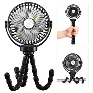 vasg battery operated stroller fan, handheld mini fan clip on fan with flexible tripod, battery powered baby fan, 3 speeds rotatable personal fan for crib bike car seat, black