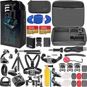 gopro hero11 (hero 11) black - waterproof action camera with 5.3k hd video, 27mp photos, live streaming, webcam + 2pc 64gb memory card, high speed card reader + hero 11 action bundle (59 items)