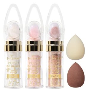 3 colors body glitter, polvo de hadas fairy powder highlight patting powder highlighter stick highlighter body brightens glitter high gloss fairy glitter sparkle powder with makeup sponges