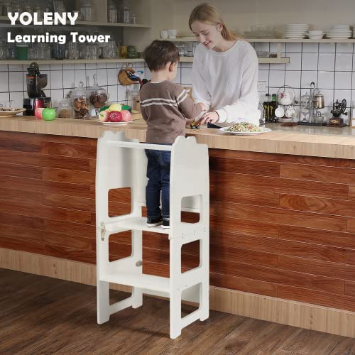 YOLENY Learning Tower Foldable, 2-in-1 Learning Helper Tower, Convertible Helper Tower, Tower with Chalkboard, Kitchen Helper Stool for Toddlers,White