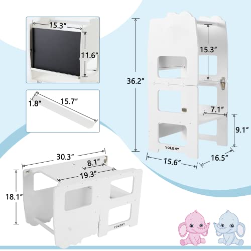 YOLENY Learning Tower Foldable, 2-in-1 Learning Helper Tower, Convertible Helper Tower, Tower with Chalkboard, Kitchen Helper Stool for Toddlers,White