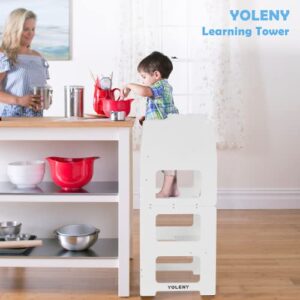 YOLENY Learning Tower Foldable, 2-in-1 Learning Helper Tower, Convertible Helper Tower, Tower with Chalkboard, Kitchen Helper Stool for Toddlers,White