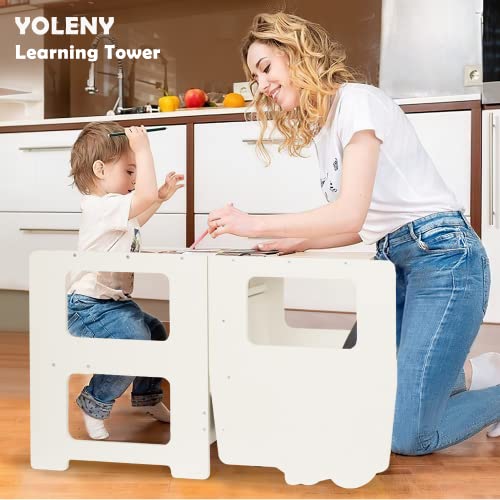 YOLENY Learning Tower Foldable, 2-in-1 Learning Helper Tower, Convertible Helper Tower, Tower with Chalkboard, Kitchen Helper Stool for Toddlers,White