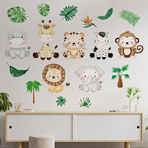 9 Sheets Baby Safari Animals Wall Stickers Jungle Animals Wall Decals Baby Wall Decor Elephant Zebra Giraffe Hippo Lion Leaf Nursery Decals Peel and Stick Wall Art Decals for Kids Room Nursery Decor