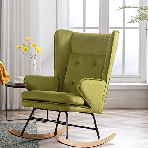 QUINJAY Modern Small Rocking Chair Living Room Chair, Upholstered Velvet Rocking Chair for Nursery with Safe Solid Wood Base, Tufted Wingback Armrests Rocker Lounge Glider for Bedroom Balcony, Green