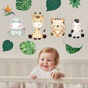 9 Sheets Baby Safari Animals Wall Stickers Jungle Animals Wall Decals Baby Wall Decor Elephant Zebra Giraffe Hippo Lion Leaf Nursery Decals Peel and Stick Wall Art Decals for Kids Room Nursery Decor