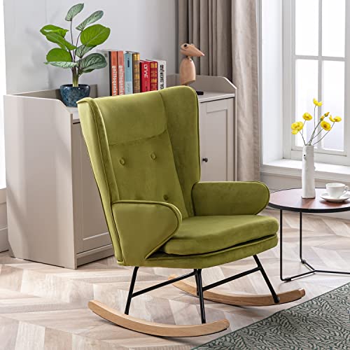 QUINJAY Modern Small Rocking Chair Living Room Chair, Upholstered Velvet Rocking Chair for Nursery with Safe Solid Wood Base, Tufted Wingback Armrests Rocker Lounge Glider for Bedroom Balcony, Green