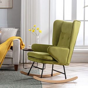 QUINJAY Modern Small Rocking Chair Living Room Chair, Upholstered Velvet Rocking Chair for Nursery with Safe Solid Wood Base, Tufted Wingback Armrests Rocker Lounge Glider for Bedroom Balcony, Green