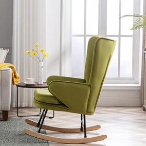 QUINJAY Modern Small Rocking Chair Living Room Chair, Upholstered Velvet Rocking Chair for Nursery with Safe Solid Wood Base, Tufted Wingback Armrests Rocker Lounge Glider for Bedroom Balcony, Green