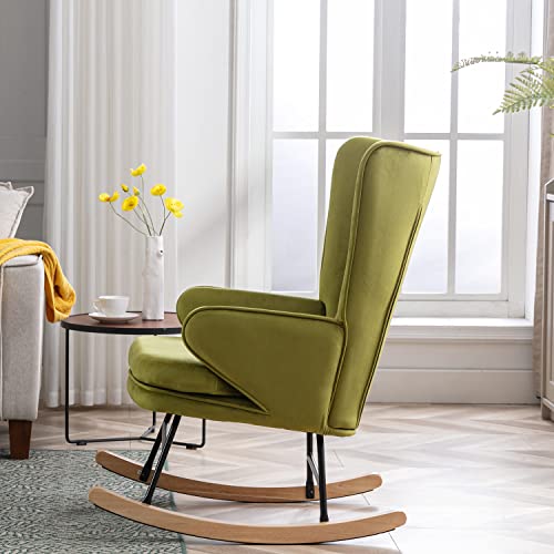 QUINJAY Modern Small Rocking Chair Living Room Chair, Upholstered Velvet Rocking Chair for Nursery with Safe Solid Wood Base, Tufted Wingback Armrests Rocker Lounge Glider for Bedroom Balcony, Green