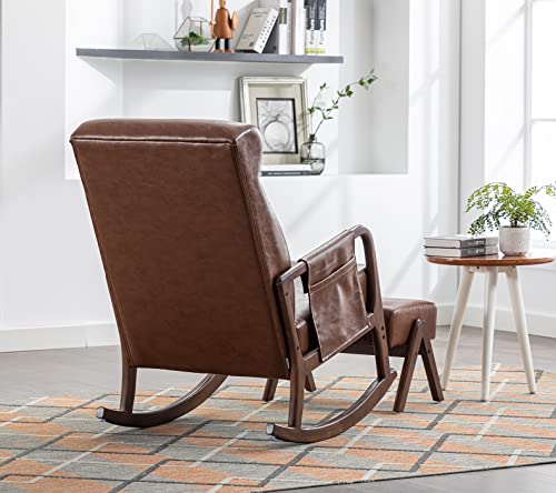 Kurhwyss Nursery Rocking Chair with Ottoman, Upholstered Rocker Chair with Arm Pocket, Modern Accent Glider Chair with Comfy High Back for Living Room Bedroom (Brown)