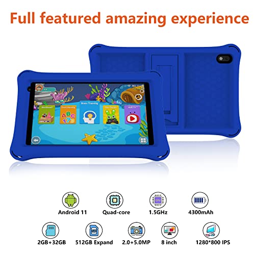 ATOZEE 8 Inch Kids Tablet, Android 11 Toddler Tablet, 32GB ROM+2GB RAM, Quad-core Processor, 1280x800 IPS HD Eye-Care Touchscreen, 8MP Camera Tablets PC with Silicone Case