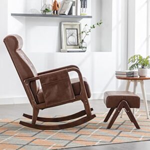 Kurhwyss Nursery Rocking Chair with Ottoman, Upholstered Rocker Chair with Arm Pocket, Modern Accent Glider Chair with Comfy High Back for Living Room Bedroom (Brown)