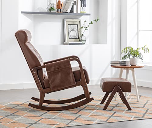 Kurhwyss Nursery Rocking Chair with Ottoman, Upholstered Rocker Chair with Arm Pocket, Modern Accent Glider Chair with Comfy High Back for Living Room Bedroom (Brown)