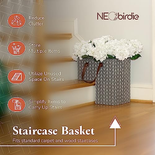 Stair Basket w/Chevron Pattern - Cotton Basket for Stairs w/Leather Handles - Staircase Basket & Storage Bins with Handles - Home Organizer - Convenient Stairs Basket Organizer - 16.1” x 10.2” x 15.7”