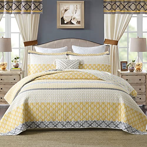 DDUOXIN Floral Quilts Queen Size - 100% Cotton Reversible Queen Quilt with 2 Pillow Shams, Farmhouse Striped Bedspreads Lightweight Queen Quilt Bedding Set, Yellow Gray, Queen