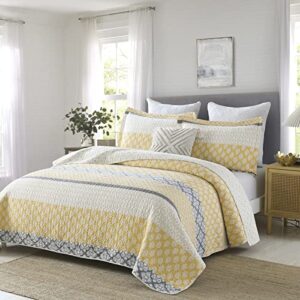 DDUOXIN Floral Quilts Queen Size - 100% Cotton Reversible Queen Quilt with 2 Pillow Shams, Farmhouse Striped Bedspreads Lightweight Queen Quilt Bedding Set, Yellow Gray, Queen