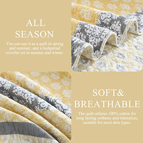 DDUOXIN Floral Quilts Queen Size - 100% Cotton Reversible Queen Quilt with 2 Pillow Shams, Farmhouse Striped Bedspreads Lightweight Queen Quilt Bedding Set, Yellow Gray, Queen