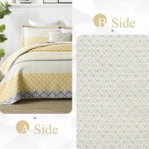 DDUOXIN Floral Quilts Queen Size - 100% Cotton Reversible Queen Quilt with 2 Pillow Shams, Farmhouse Striped Bedspreads Lightweight Queen Quilt Bedding Set, Yellow Gray, Queen