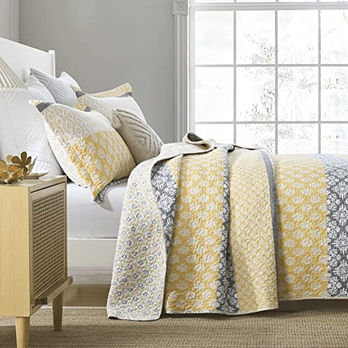 DDUOXIN Floral Quilts Queen Size - 100% Cotton Reversible Queen Quilt with 2 Pillow Shams, Farmhouse Striped Bedspreads Lightweight Queen Quilt Bedding Set, Yellow Gray, Queen