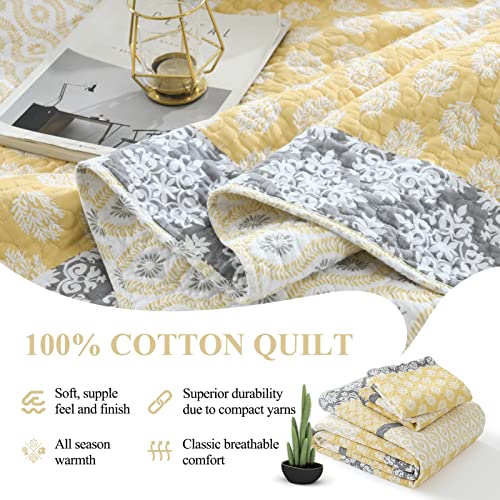 DDUOXIN Floral Quilts Queen Size - 100% Cotton Reversible Queen Quilt with 2 Pillow Shams, Farmhouse Striped Bedspreads Lightweight Queen Quilt Bedding Set, Yellow Gray, Queen